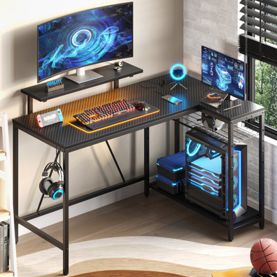 Aurora LED Gaming Desk with Power Outlet L Shaped Work Desk with Monitor Stand Trent Austin Design Top Color Black